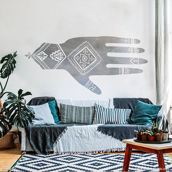 Large Henna Hand Wall Mural Stencils Painting DIY Bohemian Wall Art ...